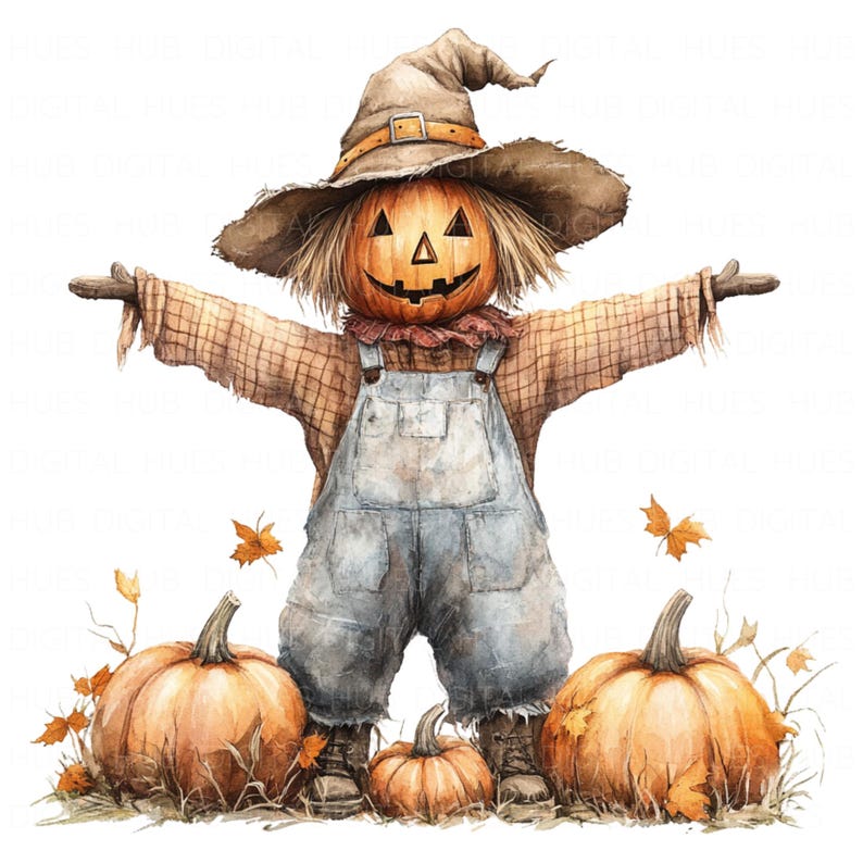 12 Scarecrow Pumpkin Patch Clipart Watercolor Halloween Autumn ...