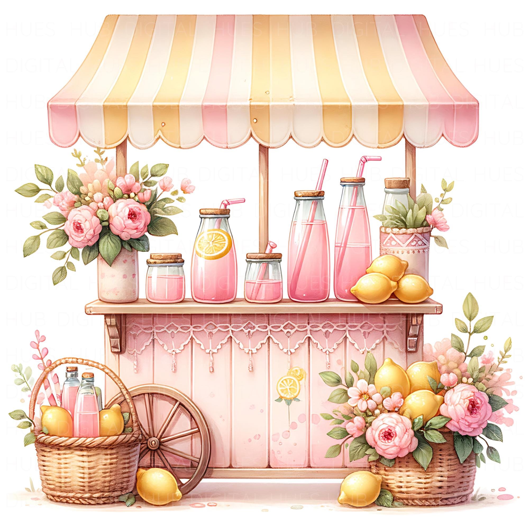 11 Pink Lemonade Stand Clipart Cute Vintage Lemonade Cart, Pastel ...