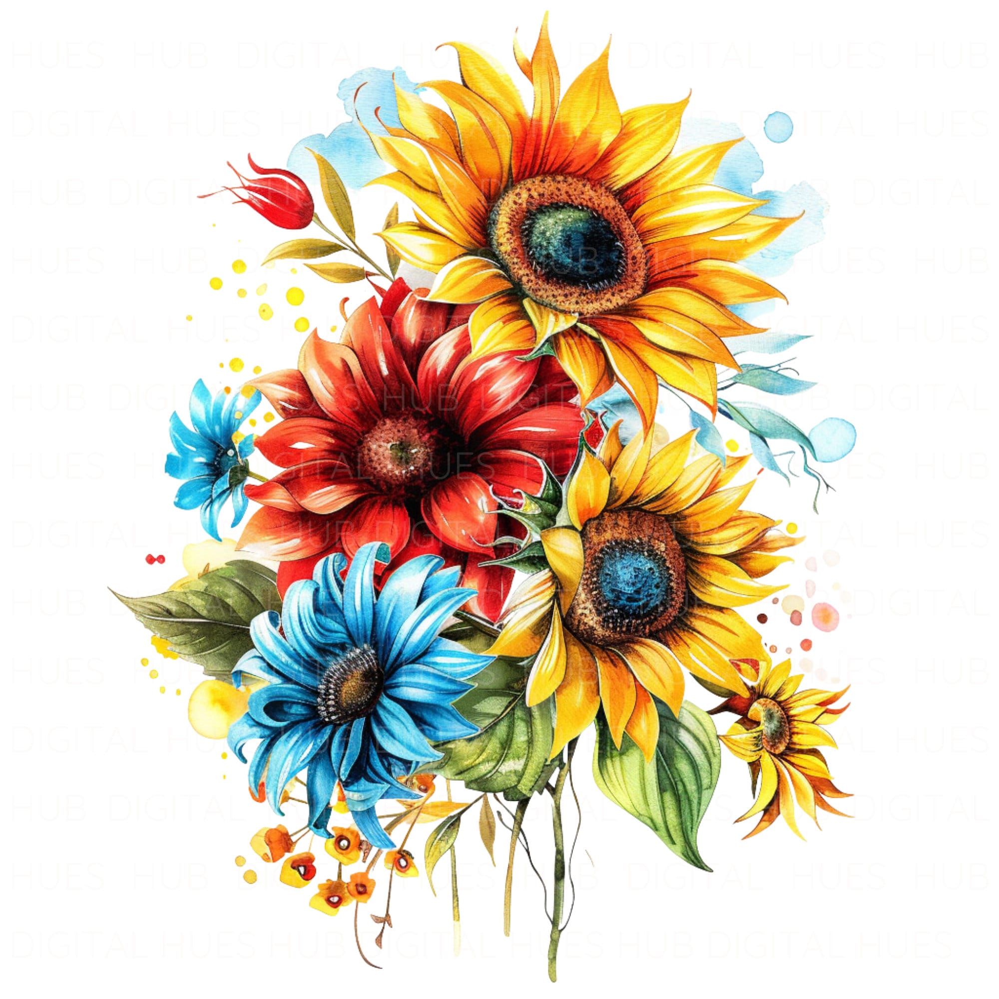 10 Colorful Sunflower Clipart Bundle Watercolor Bright Sunflowers ...