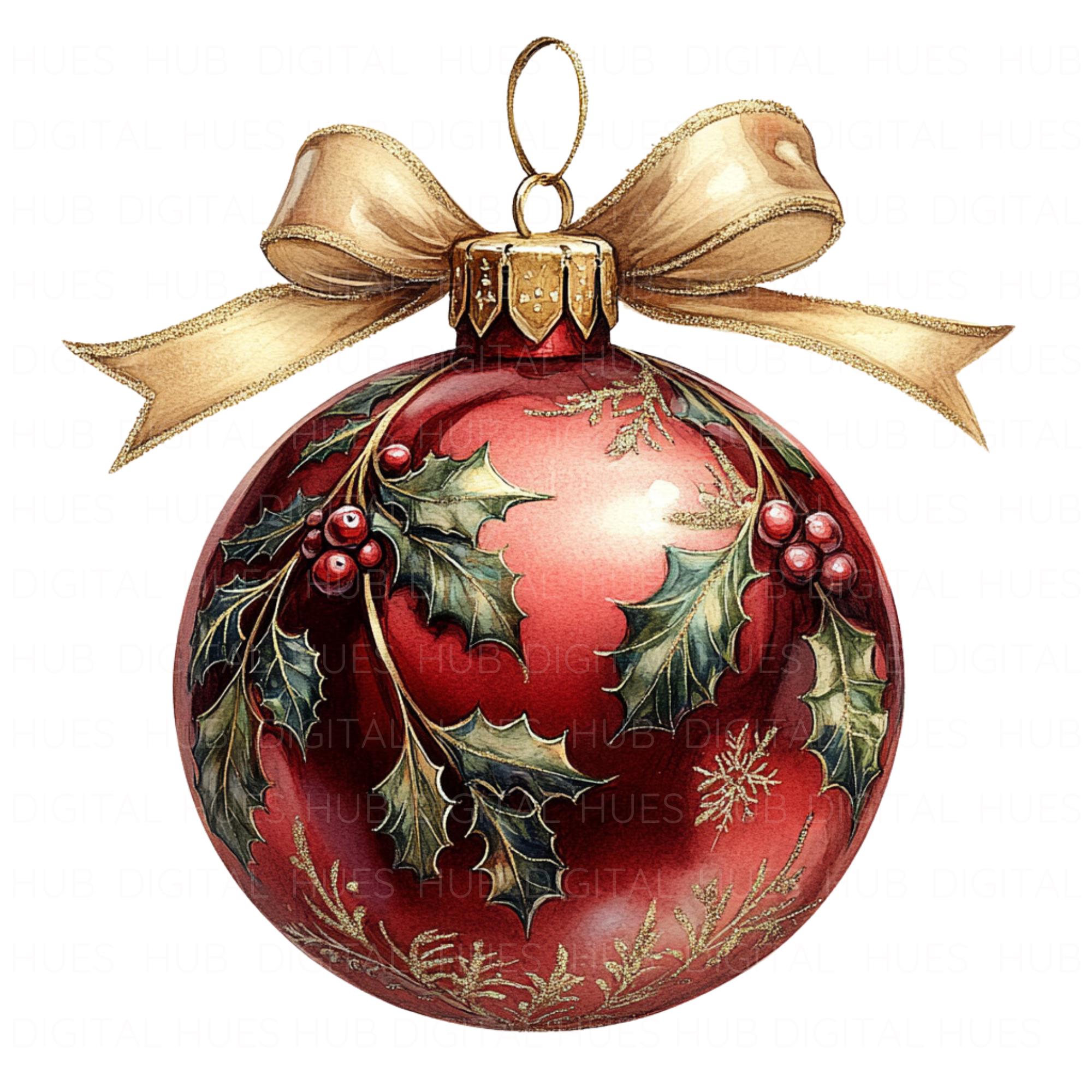 12 Vintage Red Christmas Bauble Clipart Watercolor Festive Bauble ...