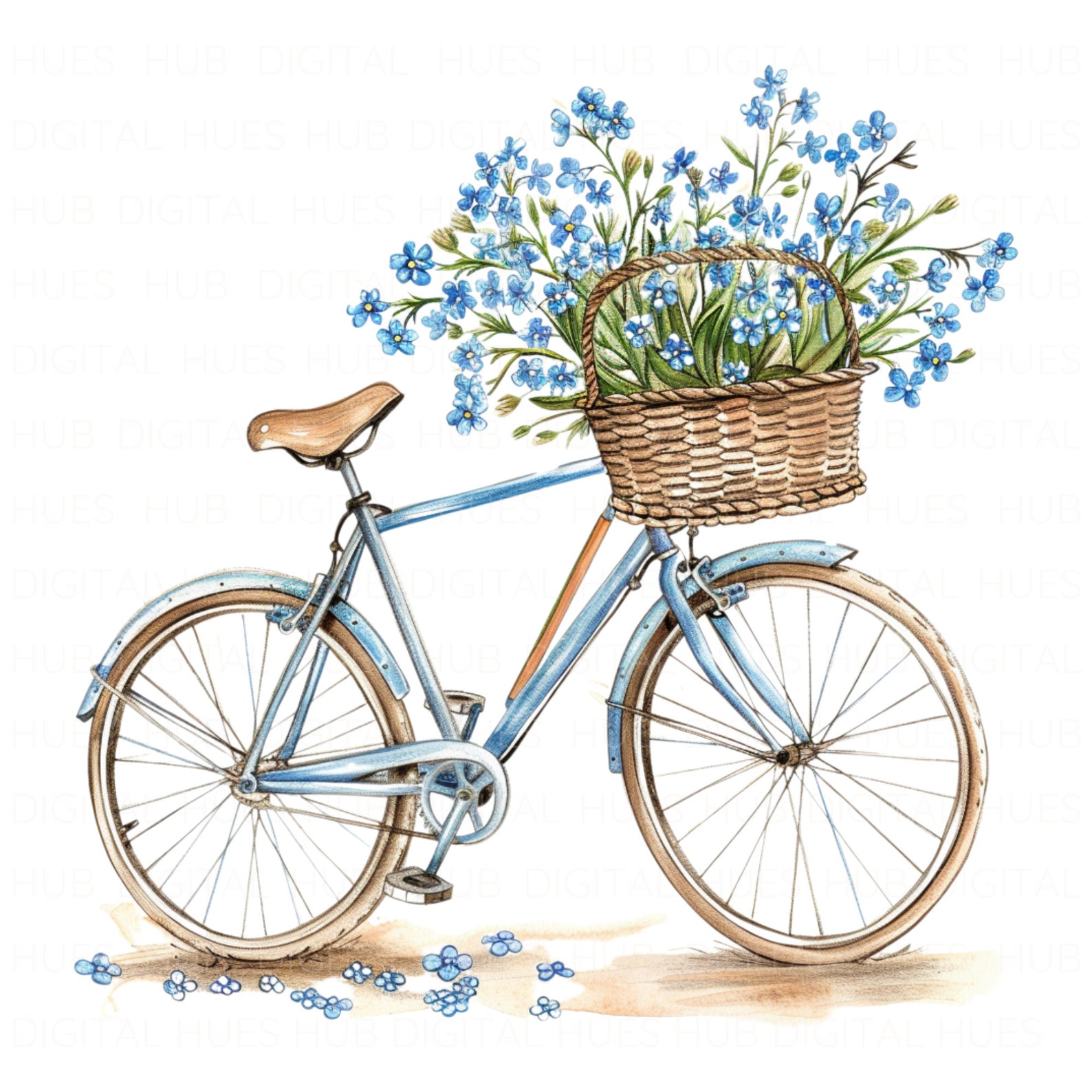 10 Floral Bicycle Clipart Bundle Watercolor Forget Me Not Printable ...