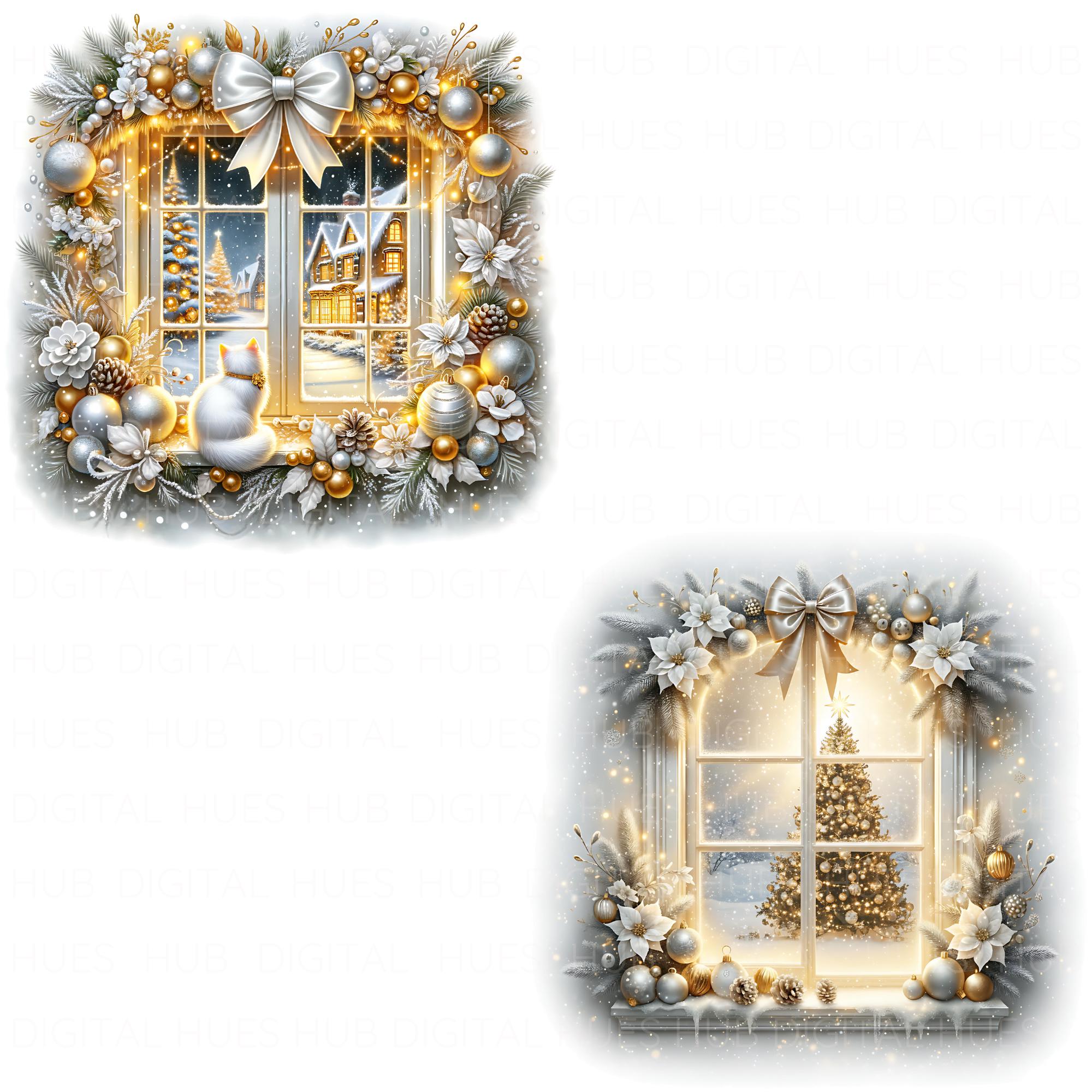 10 Christmas Window Scene Clipart: Watercolor Cozy Winter Village JPEG ...