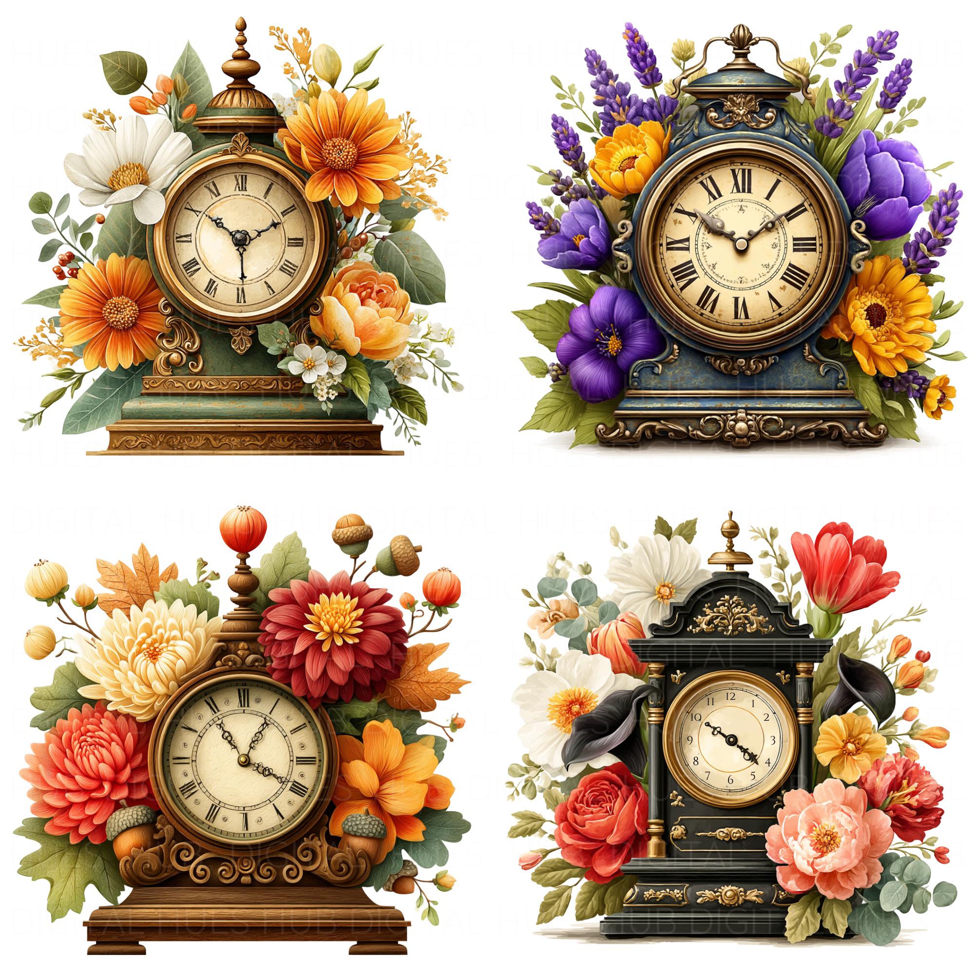 13 Floral Vintage Clock Clipart Watercolor Antique Mantel Clock Wall ...