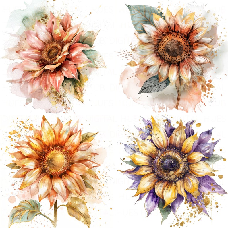 15 Glittering Sunflower Clipart Bundle Watercolor Clipart Printable ...