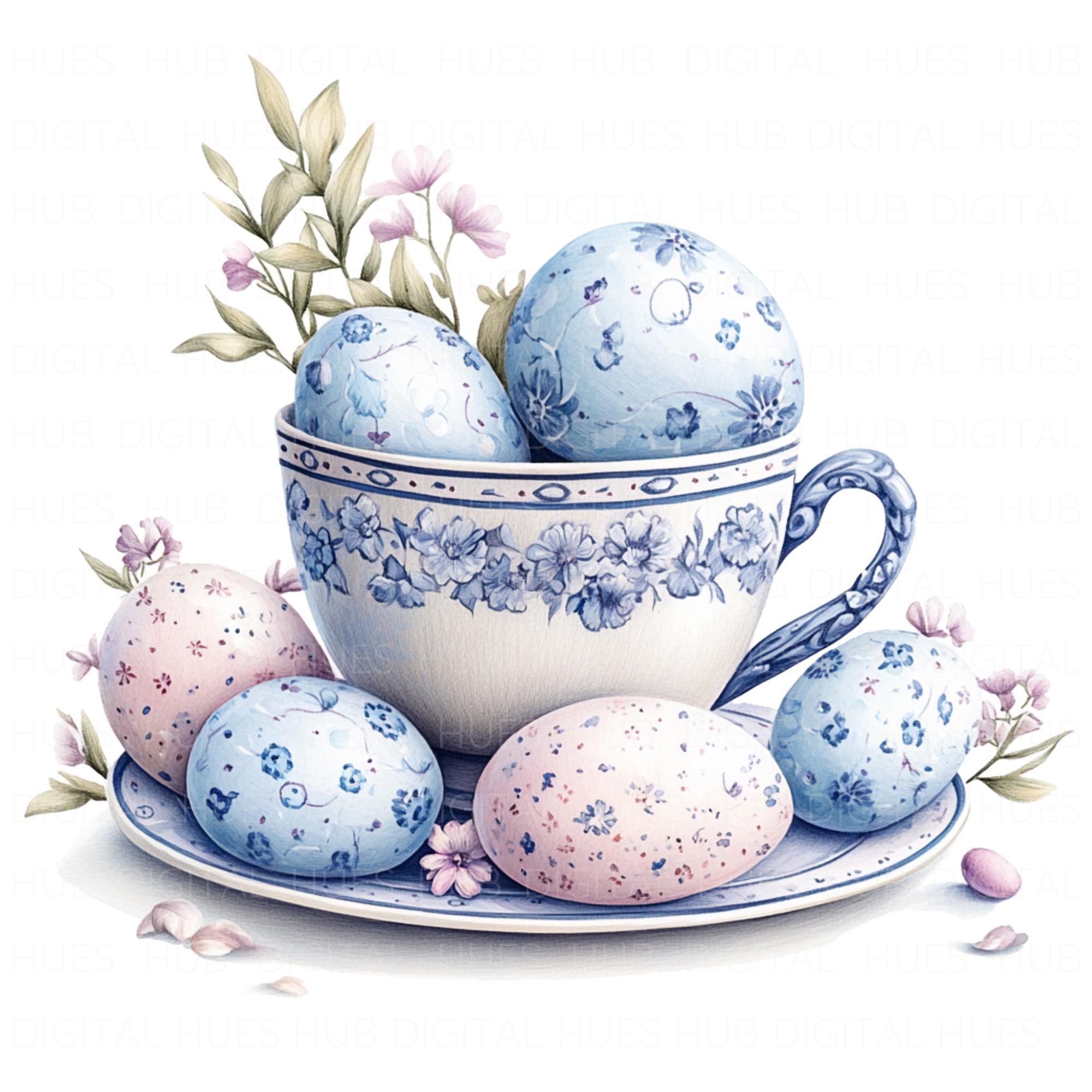 15 Festive Easter Teacup Clipart Watercolor Easter Eggs Cup Printable ...