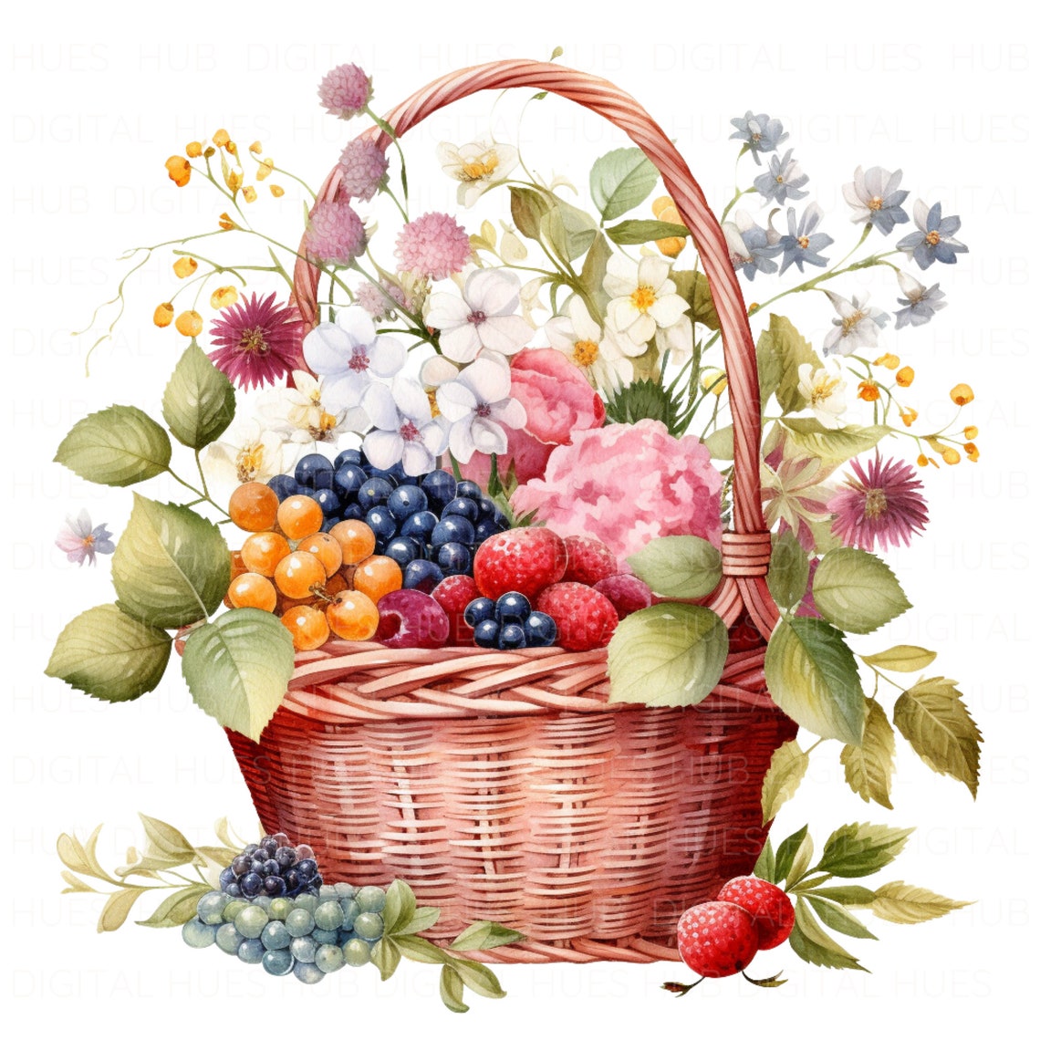 19 Floral Wicker Basket Clipart Bundle Watercolor Fruit Wicker Basket ...