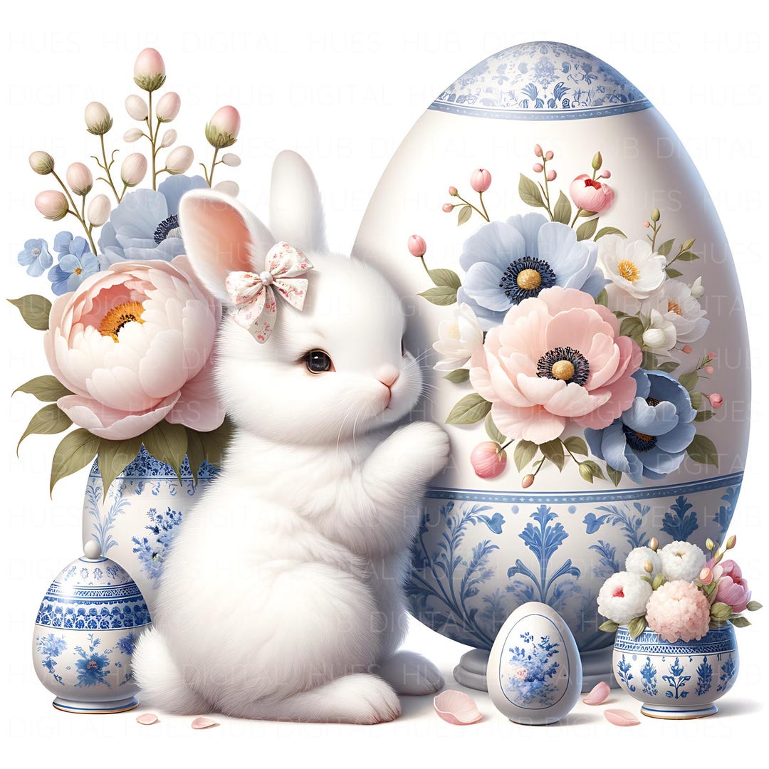 11 Blue Easter Bunny Clipart: Watercolor Cottagecore Grandmillennial ...
