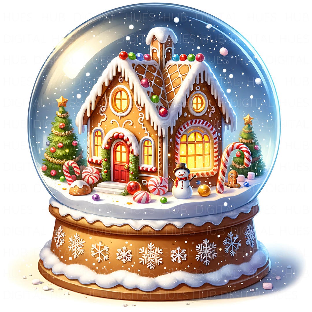 10 Christmas Gingerbread House Snow Globe Clipart: Watercolor Cozy ...