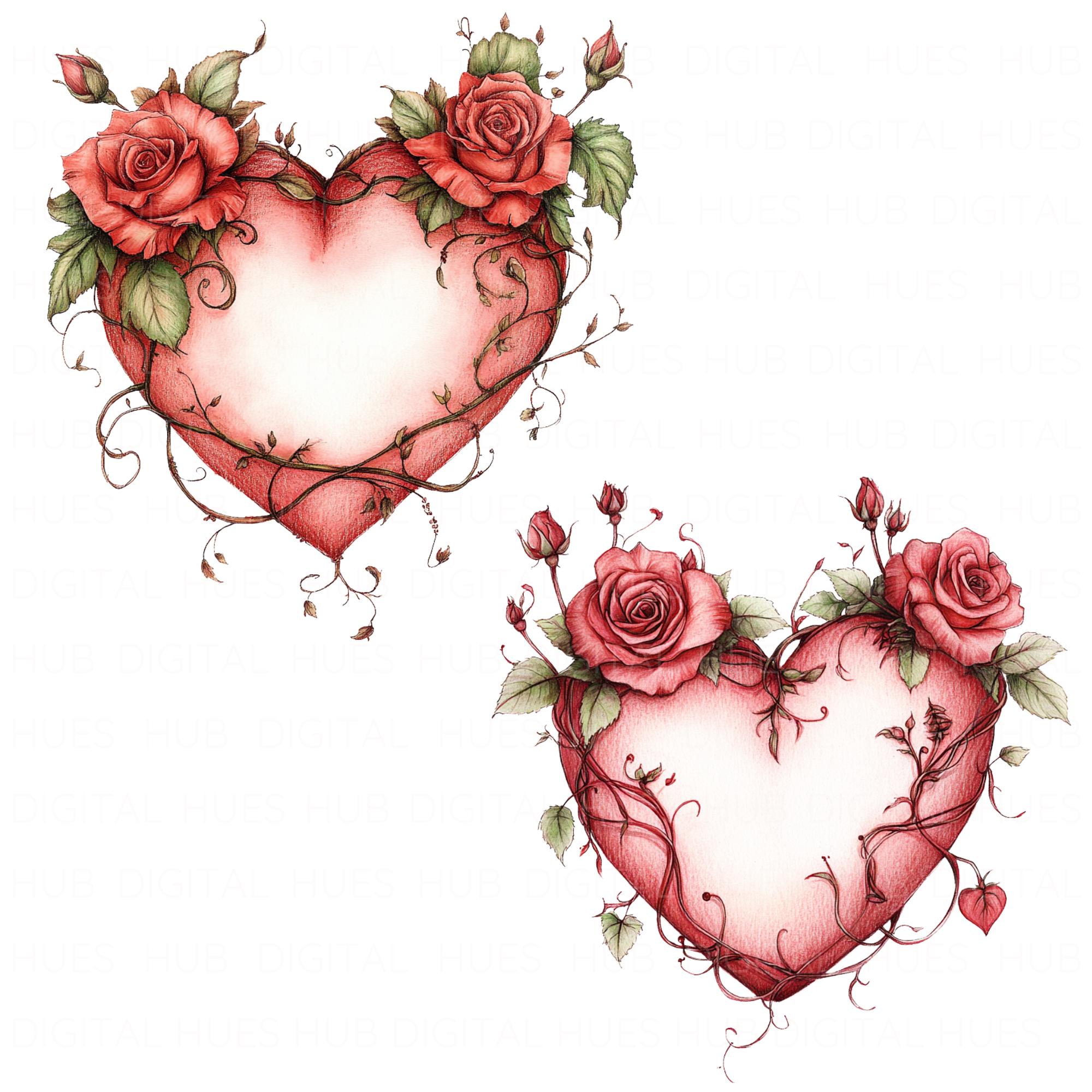 11 Red Rose Heart Clipart Watercolor Printable Floral Heart High ...