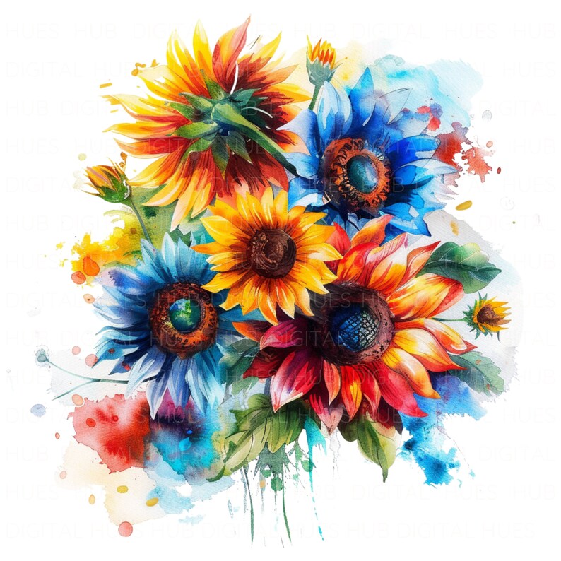 10 Colorful Sunflower Clipart Bundle Watercolor Bright Sunflowers ...