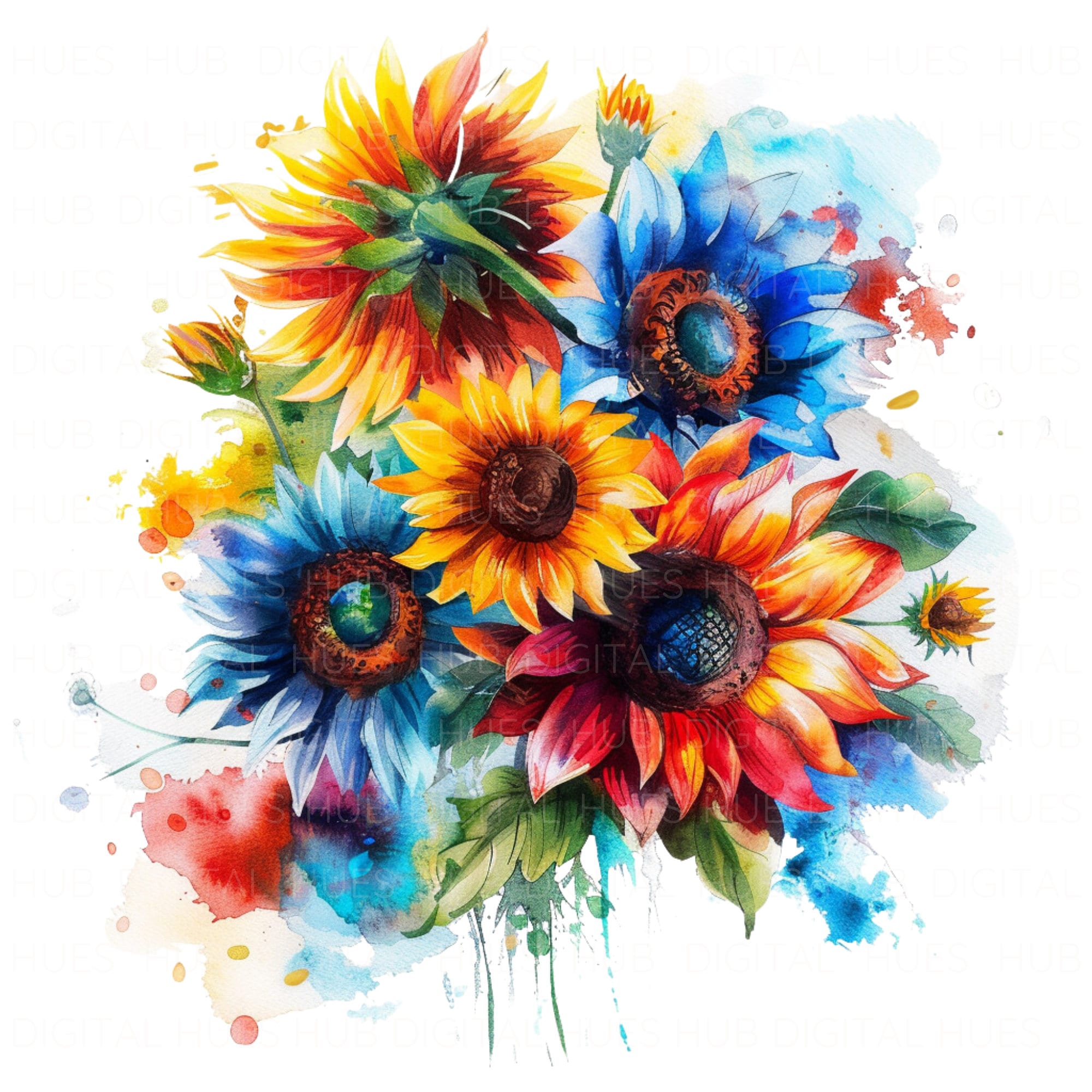 10 Colorful Sunflower Clipart Bundle Watercolor Bright Sunflowers ...