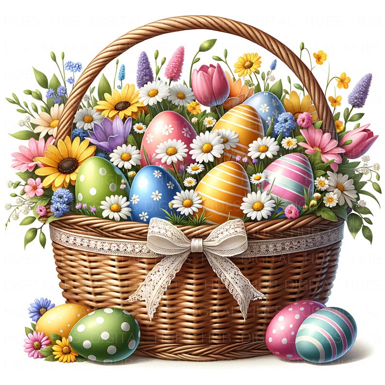 10 Floral Easter Basket Clipart: Watercolor Spring Flowers and Eggs ...