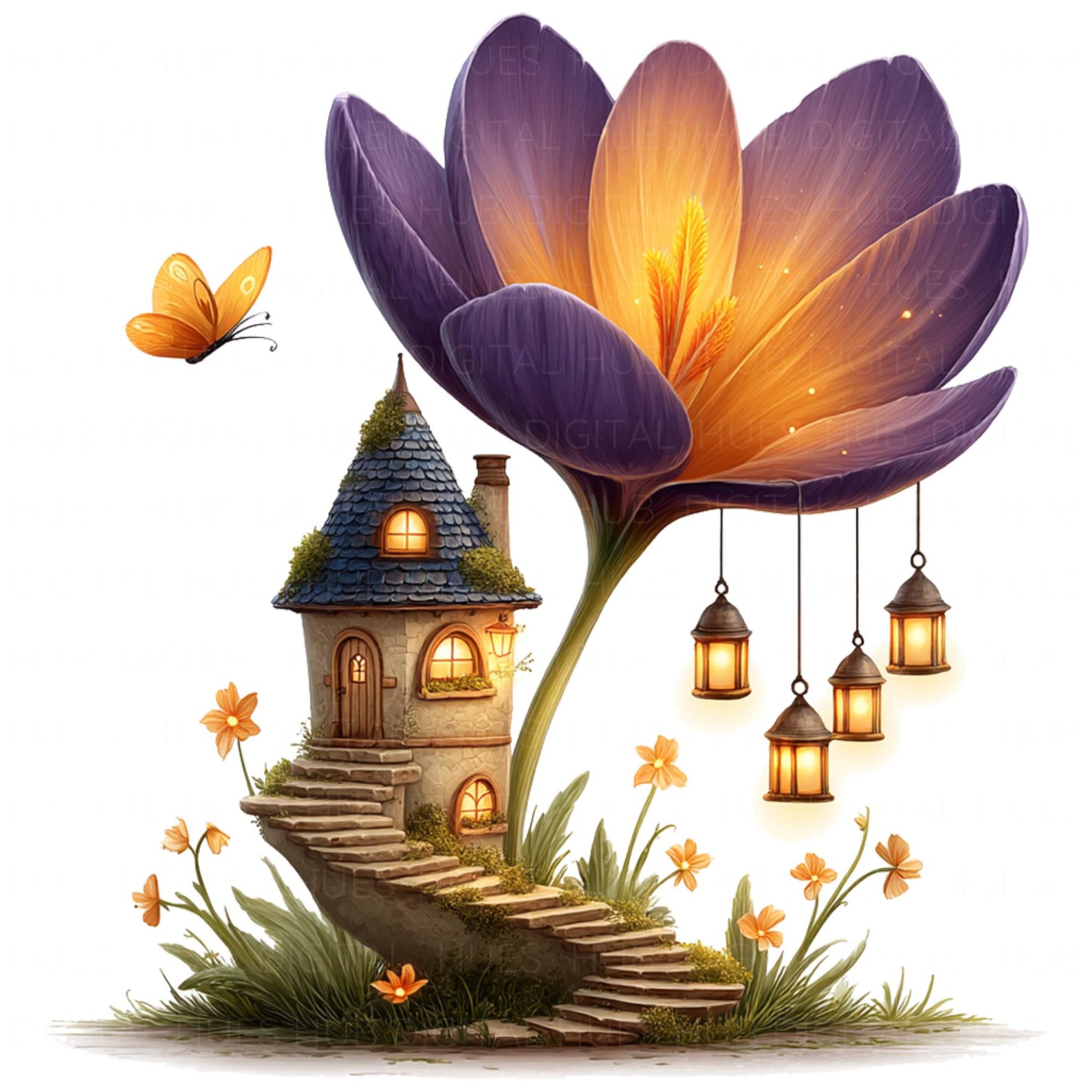 19 Flower Fairy House Clipart Watercolor Purple Flower Whimsical Fairy ...