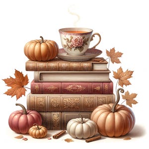 13 Autumn Books Pumpkin Tea Clipart Watercolor Stack of Books Reading ...