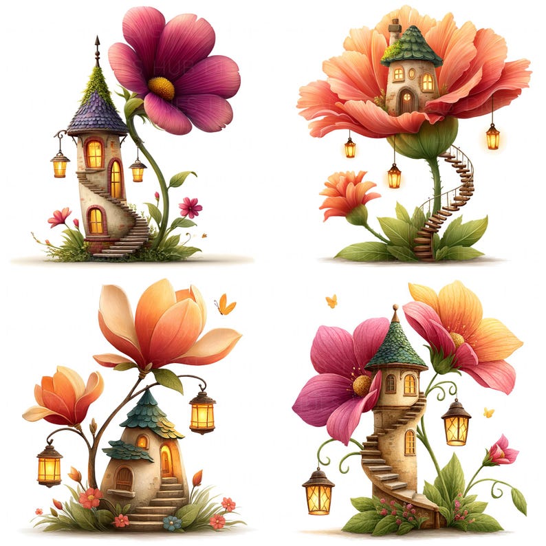 20 Fairy House Flower Clipart Watercolor Spring Flower Whimsical Fairy ...