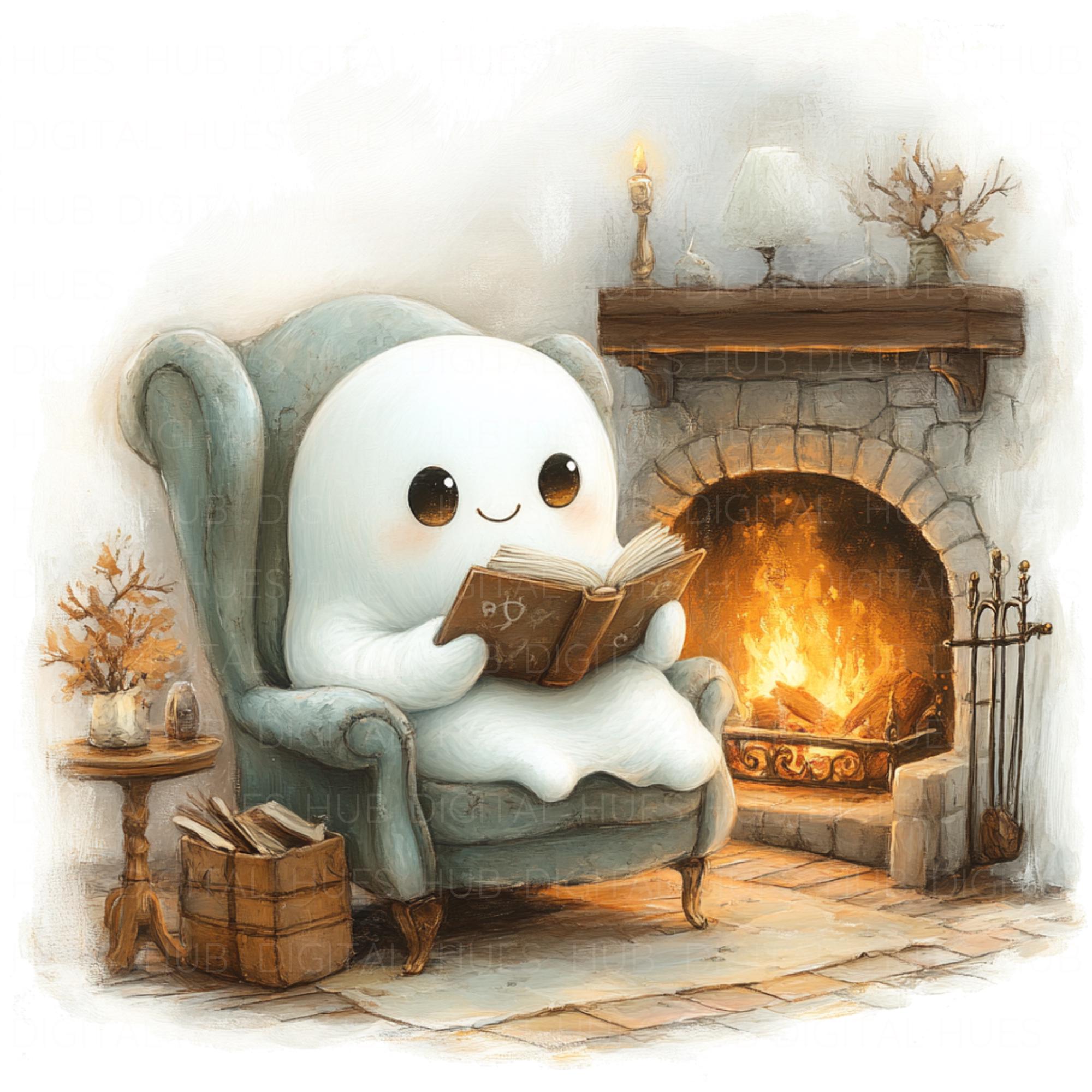 13 Cute Ghost Reading Book in Armchair Clipart Watercolor Kawaii Ghost ...