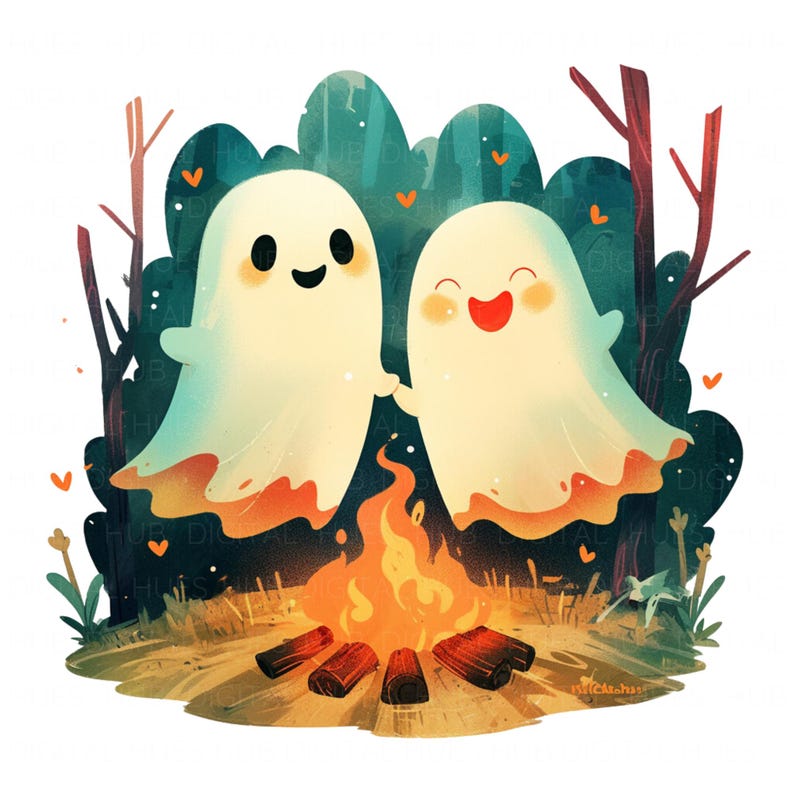 10 Cute Couple Ghost Dancing by Fire Clipart Watercolor Cartoon Kawaii ...