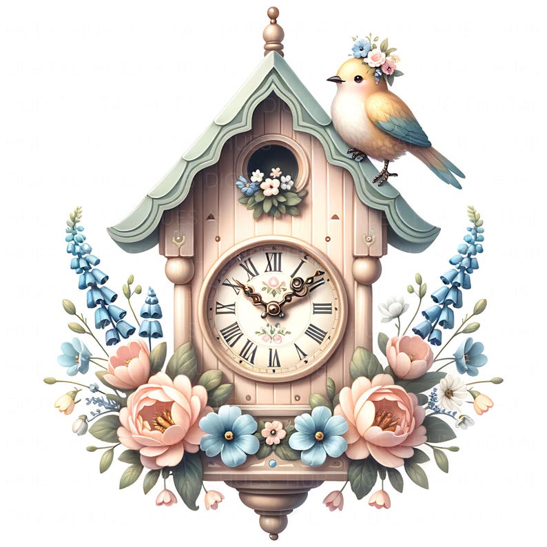 10 Floral Cuckoo Clock Clipart Watercolor Vintage Wall Clock Art ...