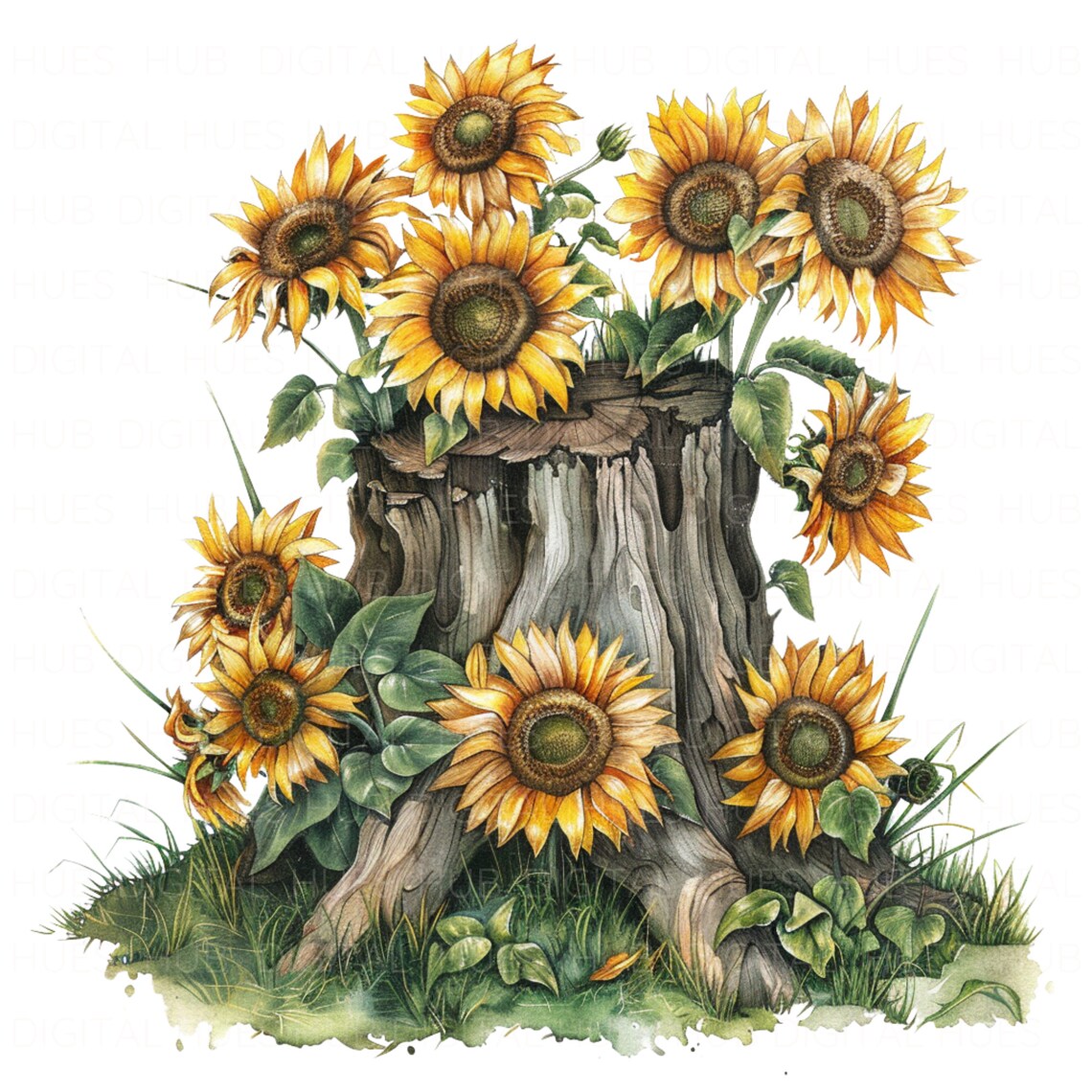 10 Floral Tree Stump Clipart Bundle Watercolor Sunflower Tree Trunk ...