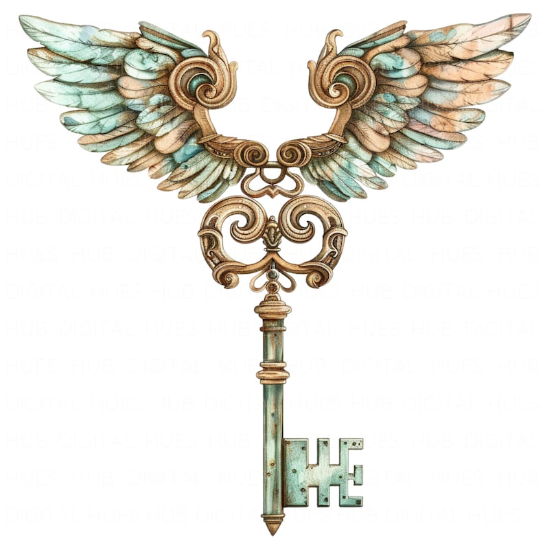 12 Magic Key With Wings Clipart Watercolor Fairy Key Fantasy Clipart ...