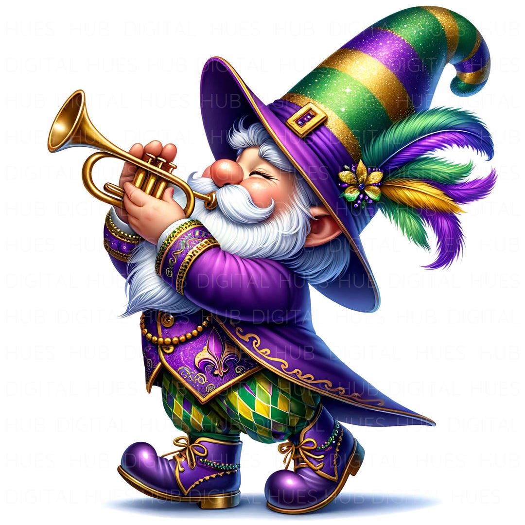 10 Mardi Gras Carnival Gnome Clipart: Watercolor Purple Green Gold New ...