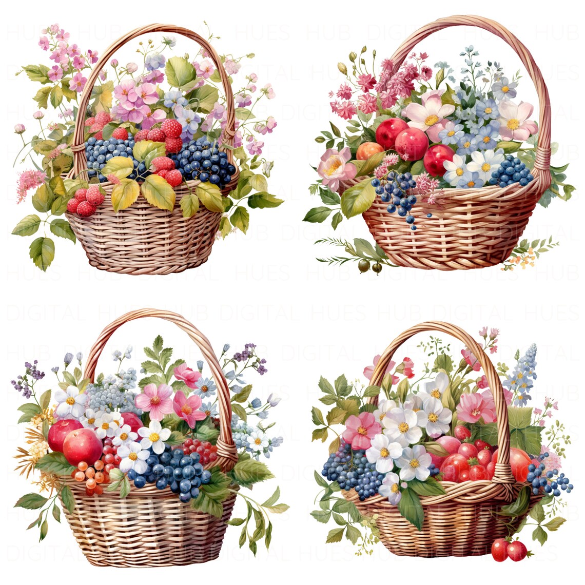 19 Floral Wicker Basket Clipart Bundle Watercolor Fruit Wicker Basket ...