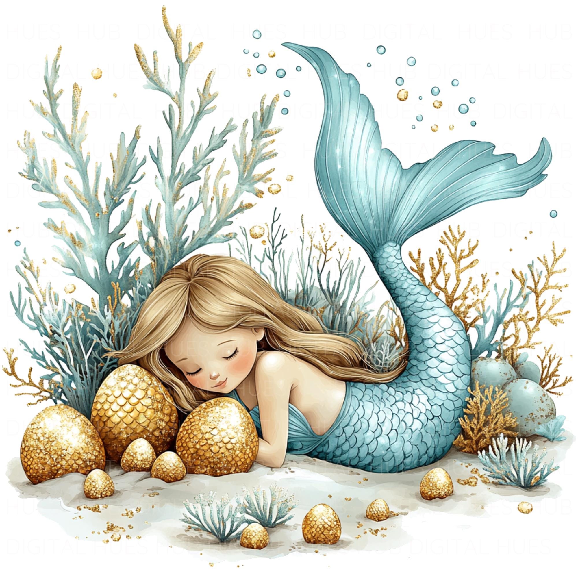 11 Little Mermaid Sleeping Underwater Watercolor Fairytale Art ...