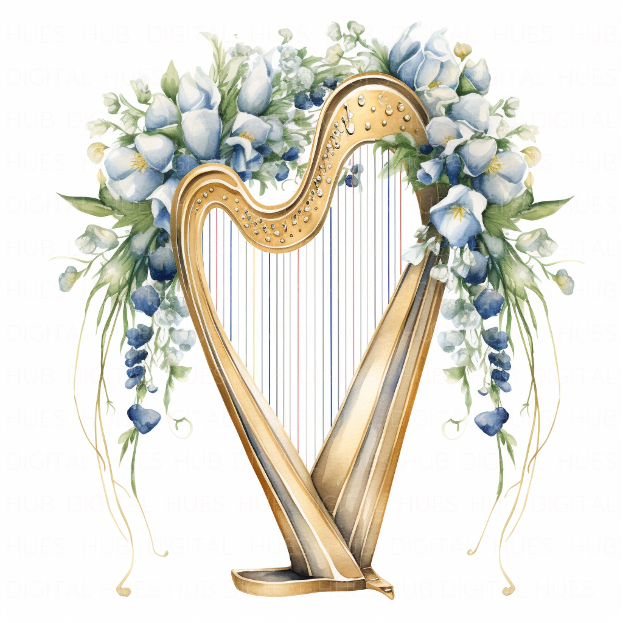 12 Watercolor Floral Harp Clipart Bundle Magic Lyre Printable High ...
