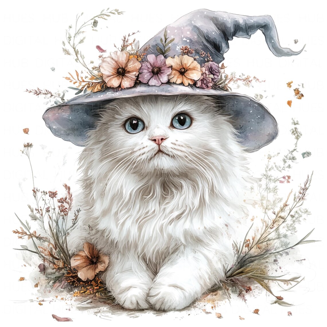 15 Halloween Cat Clipart Watercolor White Cat With Witch Hat Clipart ...