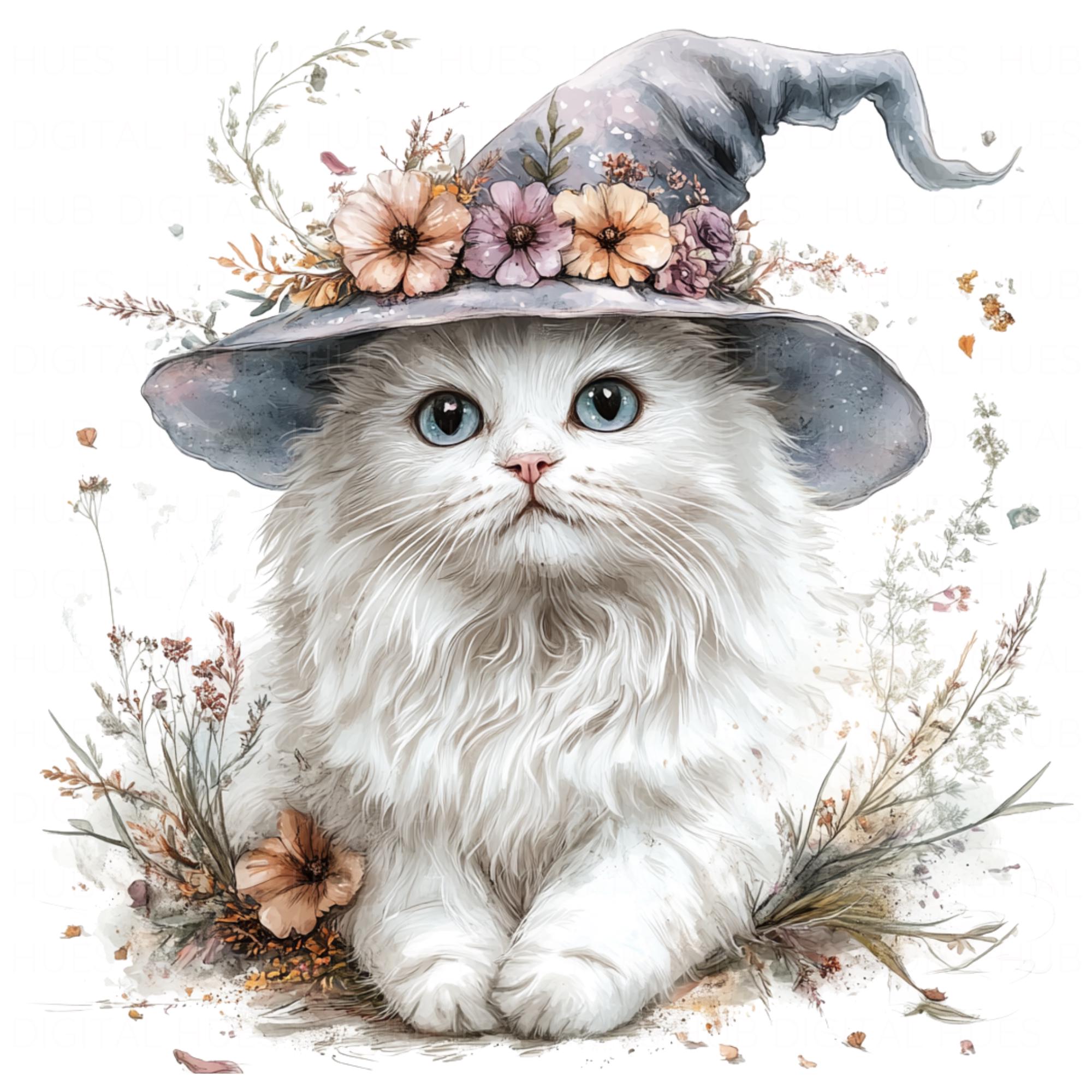 15 Halloween Cat Clipart Watercolor White Cat With Witch Hat Clipart ...