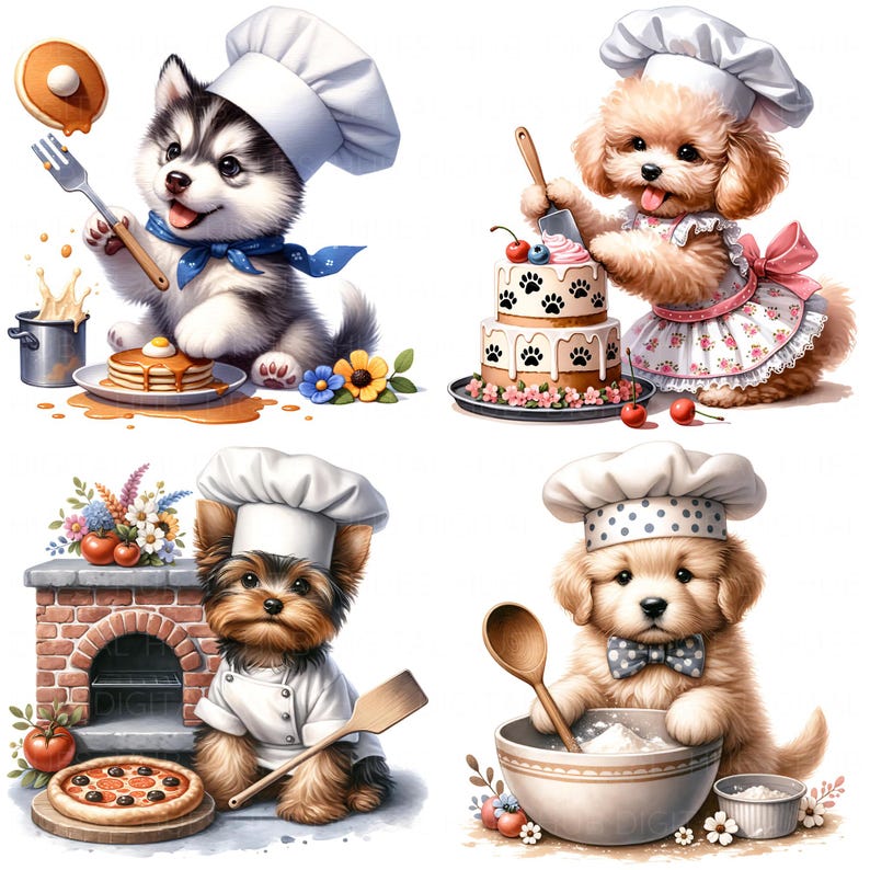 12 Cute Chef Dog Clipart Watercolor Baker Dog Art Kitchen Home Decor ...