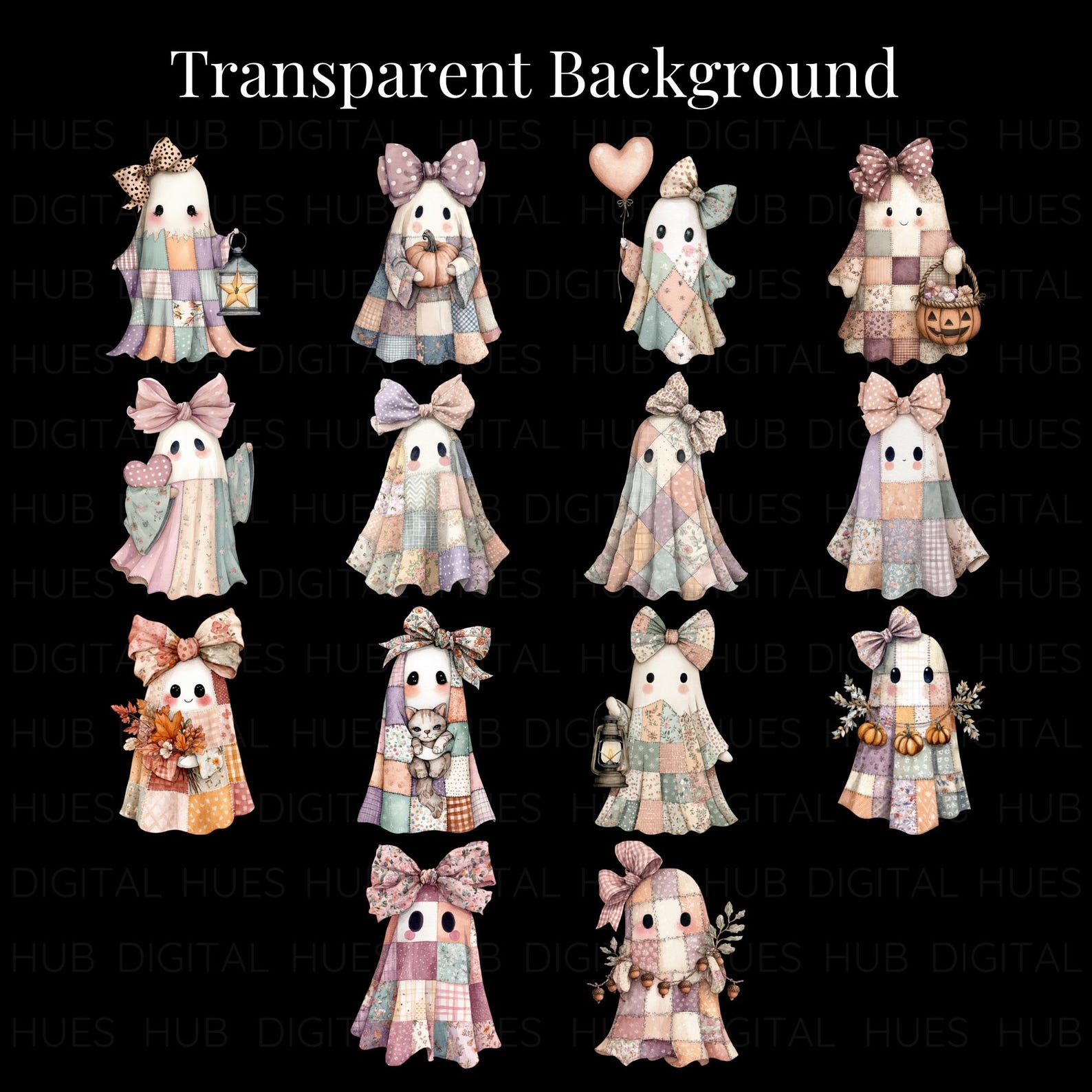 14 Cute Patchwork Ghost Clipart Spooky Season, Quilt Ghost PNG, Cute ...