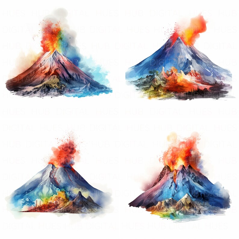 18 Volcano Clipart Bundle Set 1 Watercolor Erupting Volcano Clipart ...
