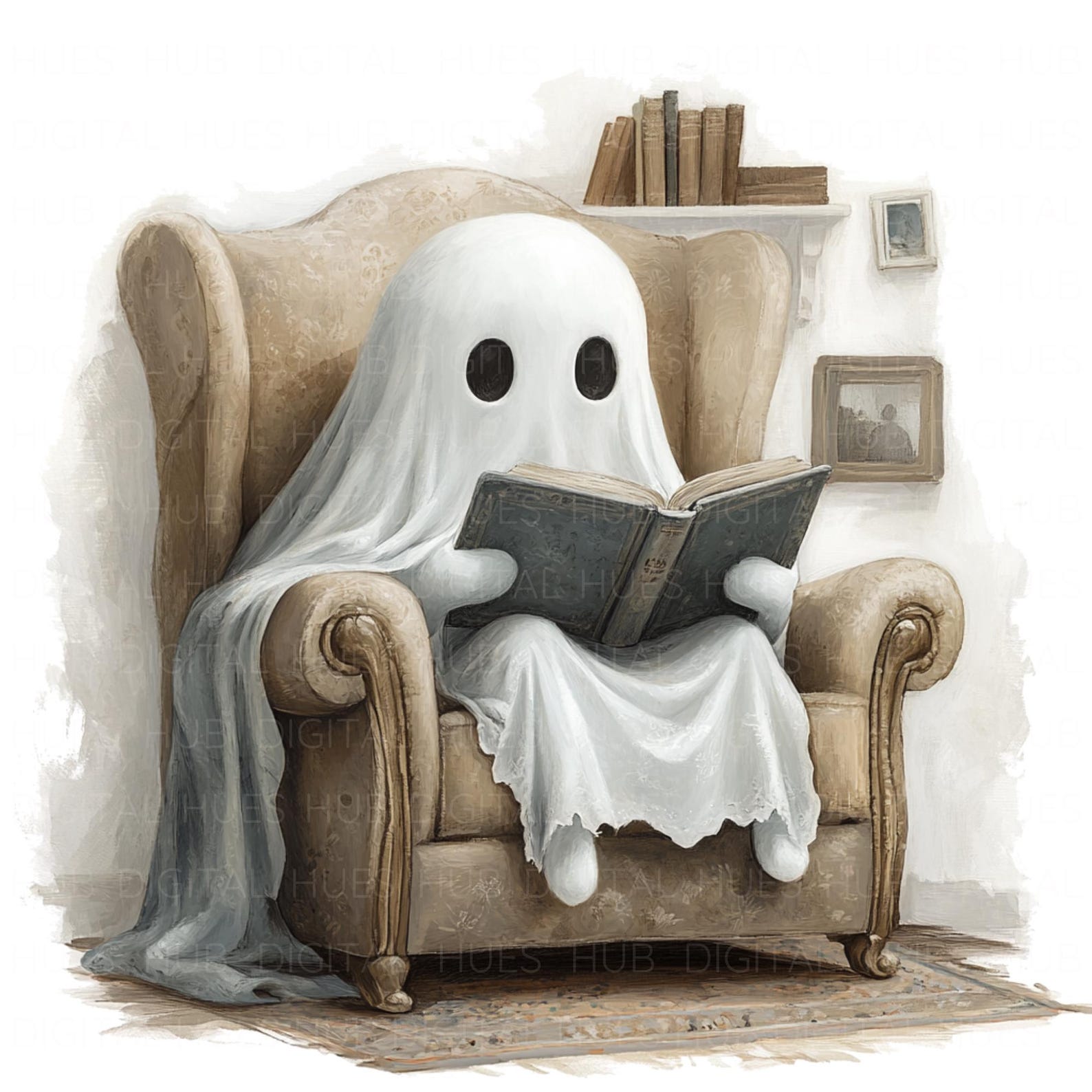 13 Cute Ghost Reading Book in Armchair Clipart Watercolor Kawaii Ghost ...