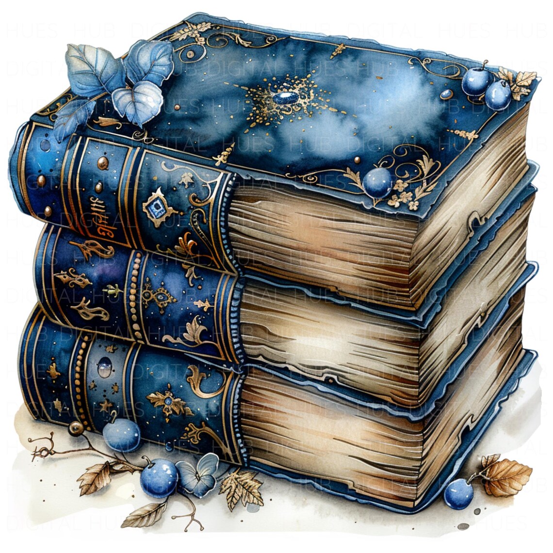 10 Blue Magic Book Clipart Watercolor Old Book Pile Fantasy Clipart ...