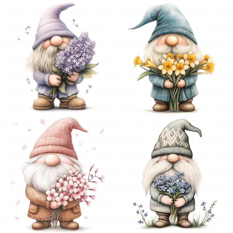 16 Easter Gnome With Spring Flower Bouquet Clipart Watercolor Gnome ...