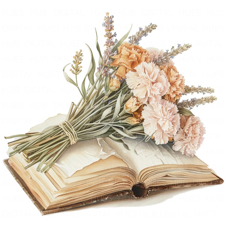 15 Dried Carnation Books Clipart Watercolor Old Floral Magic Book ...