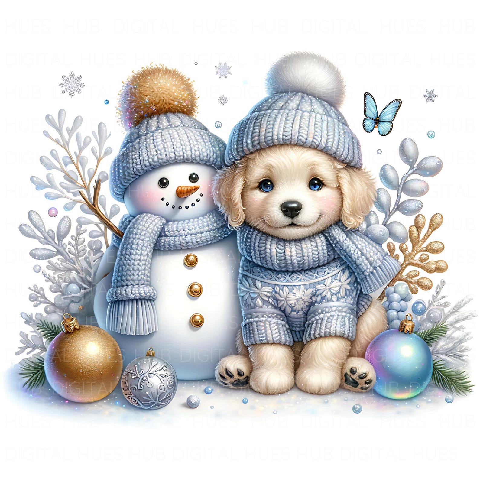 12 Blue Christmas Puppy Clipart: Watercolor Winter Animal Graphics JPEG ...