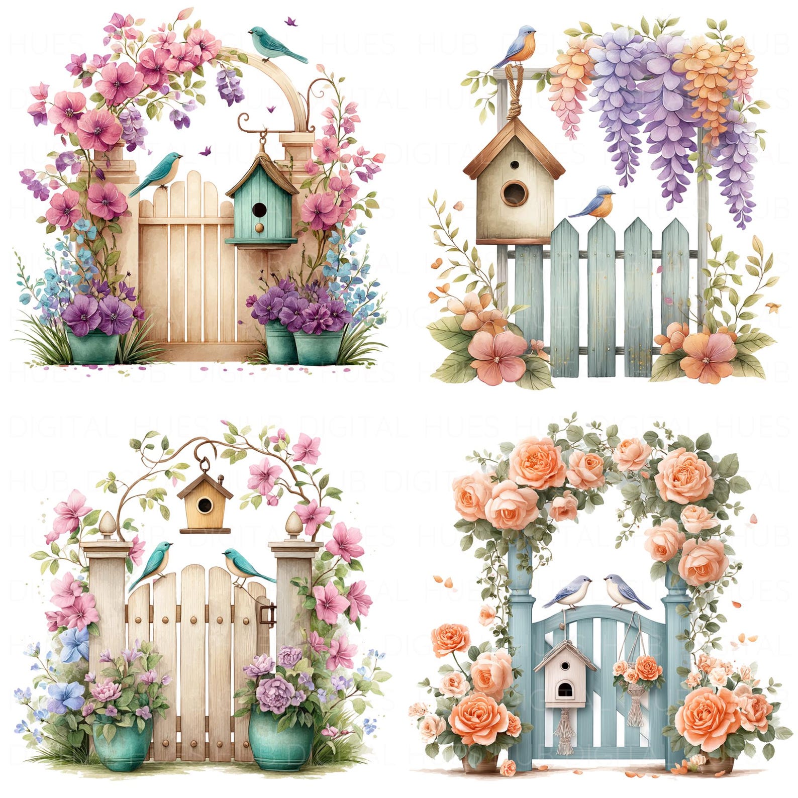 18 Wooden Garden Gate Clipart Watercolor Vintage Flower Gates Spring ...
