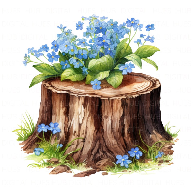 15 Floral Tree Stump Clipart Bundle Watercolor Forget Me Not Printable ...