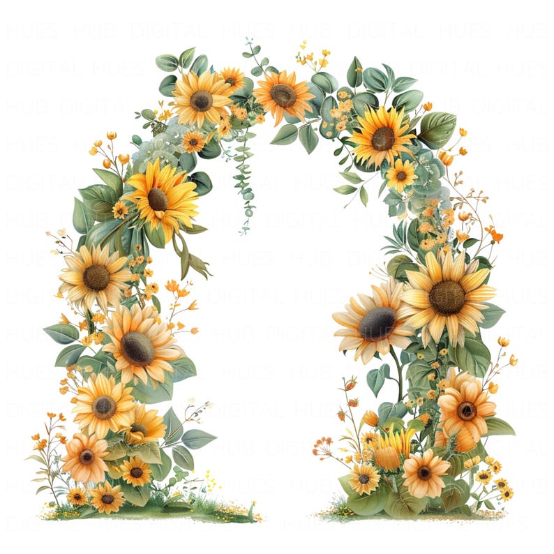 10 Sunflower Floral Arch Clipart Watercolor Flower Arch Garden Clipart ...