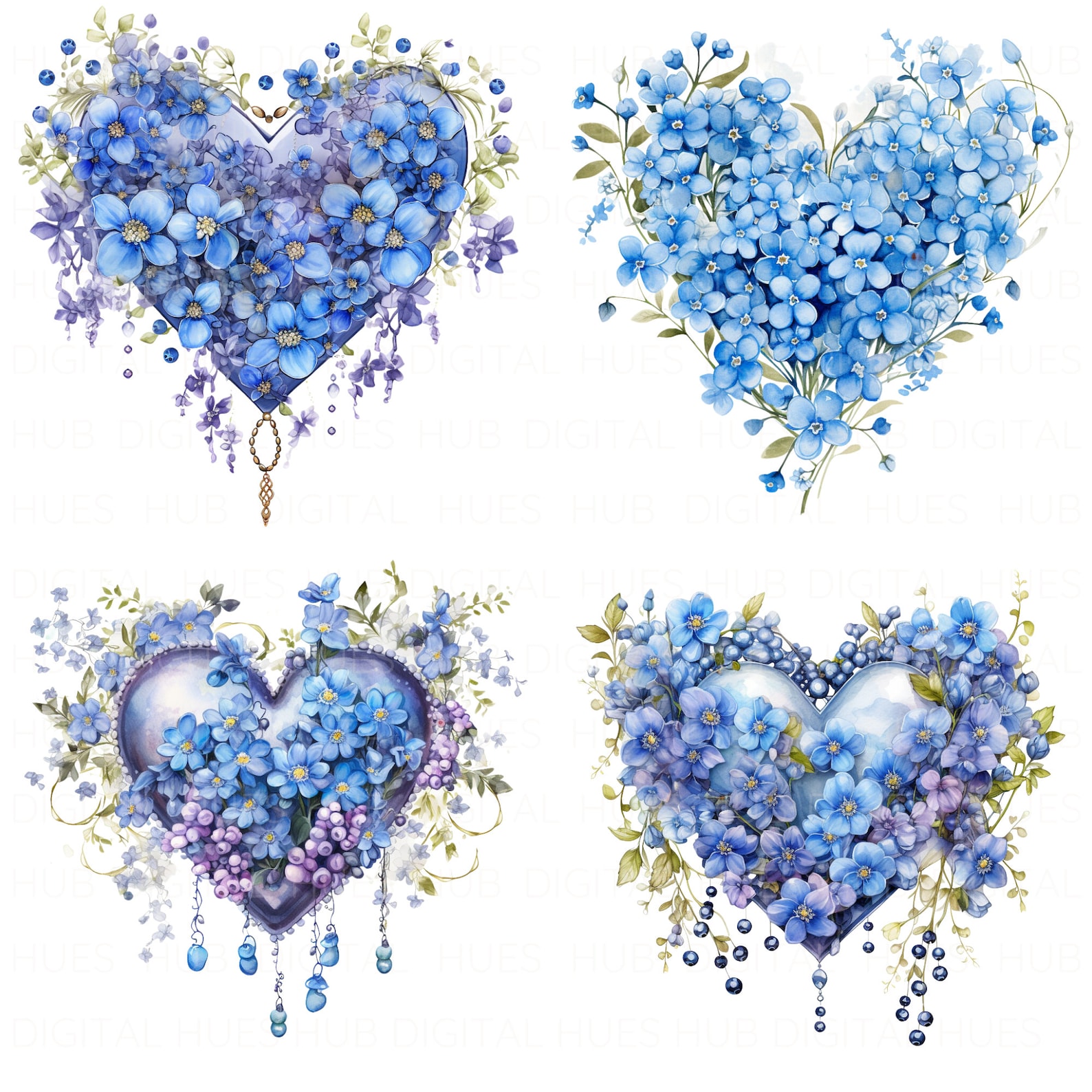17 Forget Me Not Heart Clipart Bundle Printable Floral Heart Clipart ...