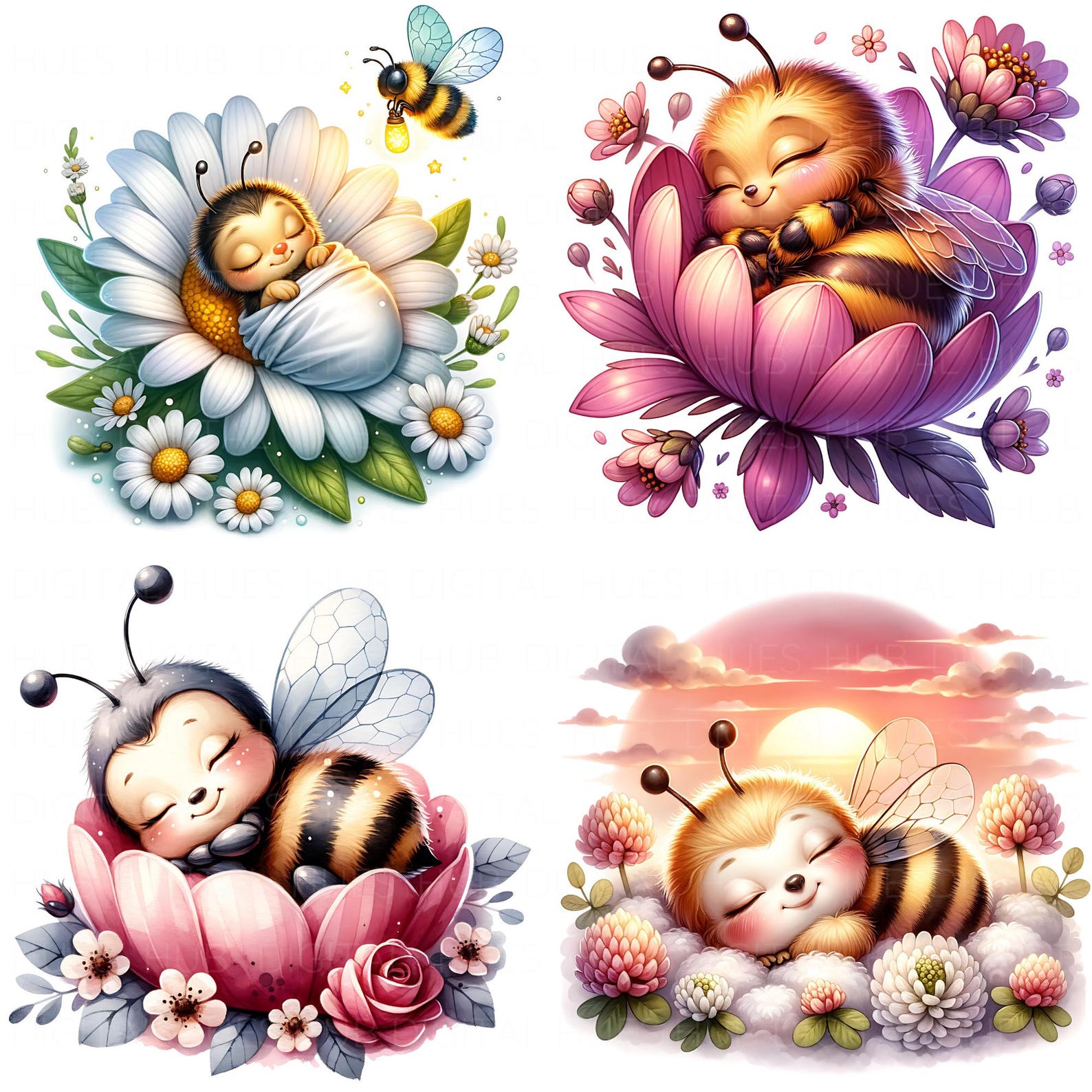 16 Cute Baby Bee Sleeping in Flower Bed Clipart Cartoon Bumble Bee ...
