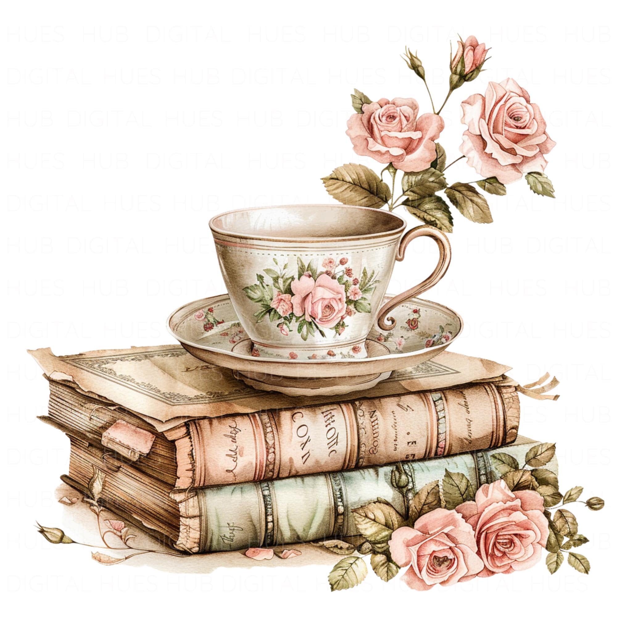 13 Book With Tea Cup Clipart Watercolor Rustic Vintage Book and Coffee ...