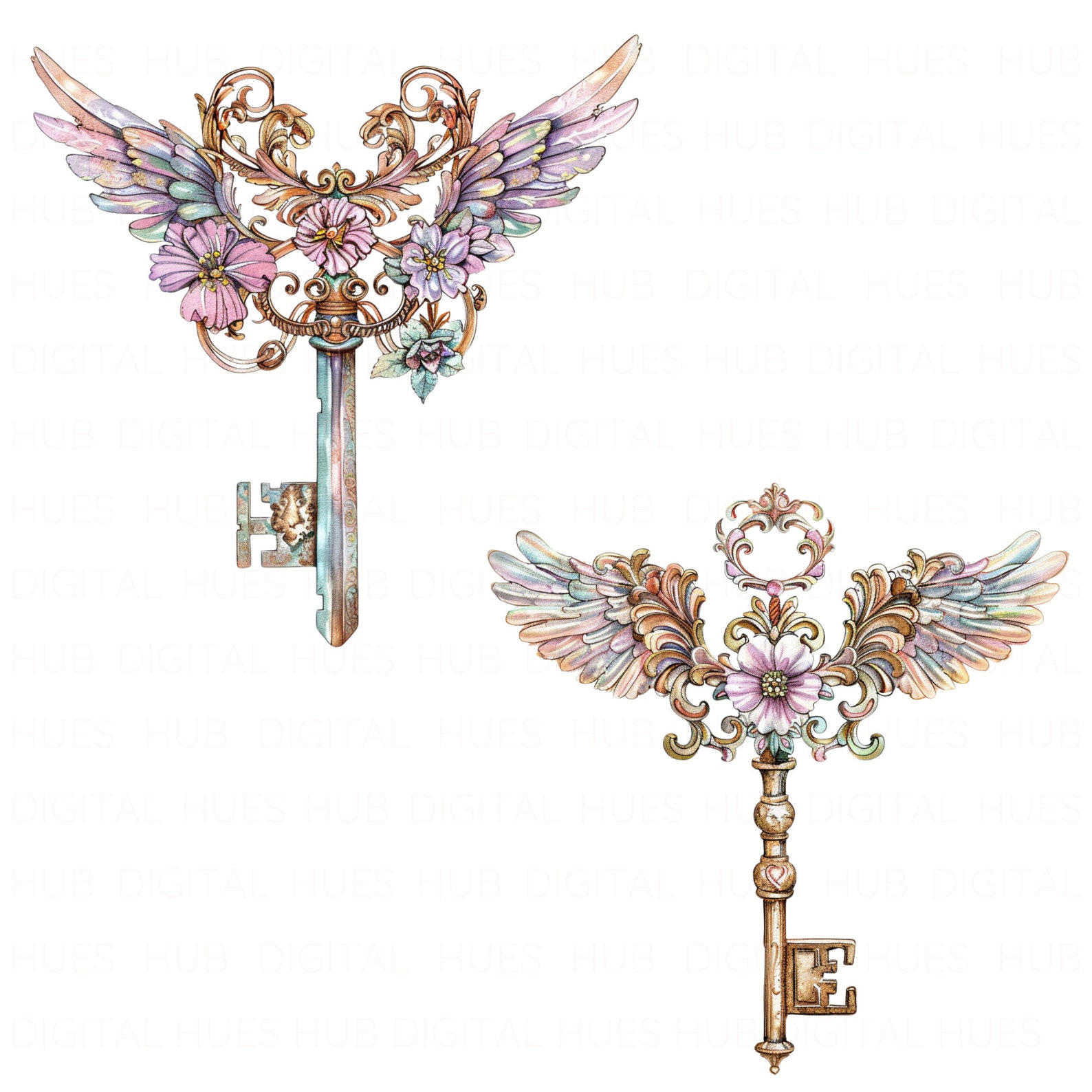 13 Floral Magic Key Clipart Watercolor Fairy Key Fantasy Clipart ...