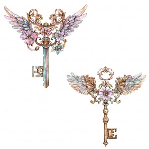 13 Floral Magic Key Clipart Watercolor Fairy Key Fantasy Clipart ...