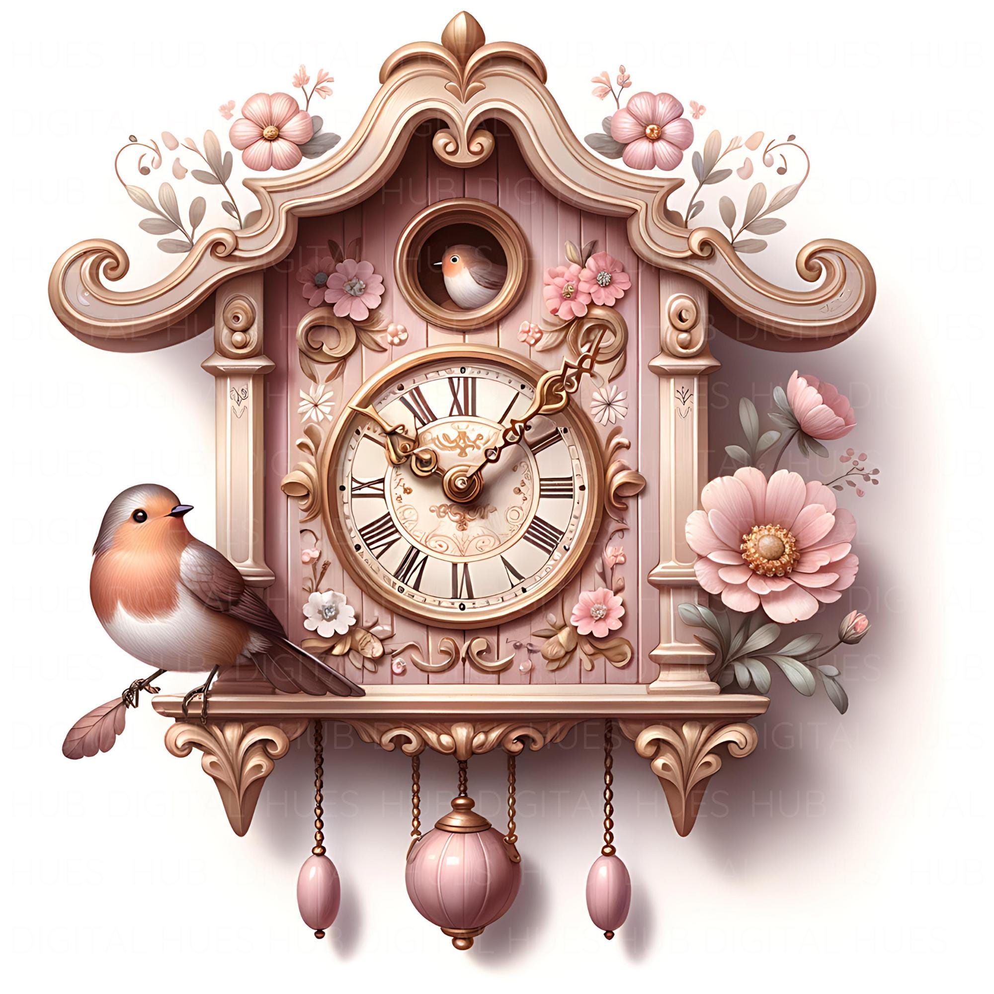 10 Floral Cuckoo Clock Clipart Watercolor Vintage Wall Clock Art ...