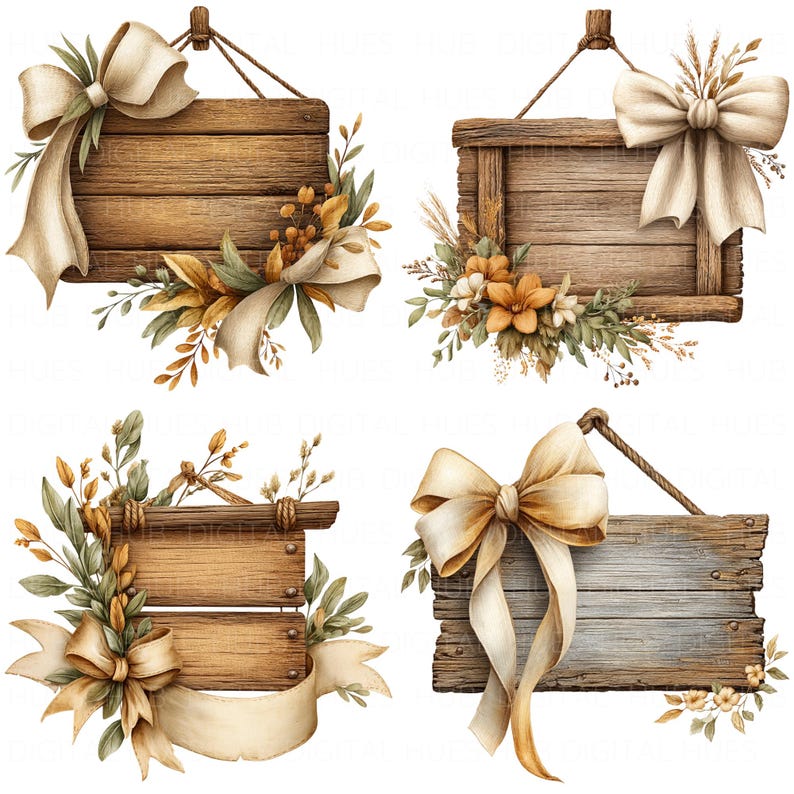 17 Rustic Wooden Sign Bow Clipart Watercolor Vintage Hanging Garden ...