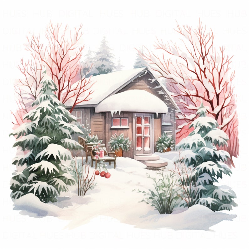 17 Winter Cottage in Snow Clipart Bundle Watercolor Christmas Cottage ...