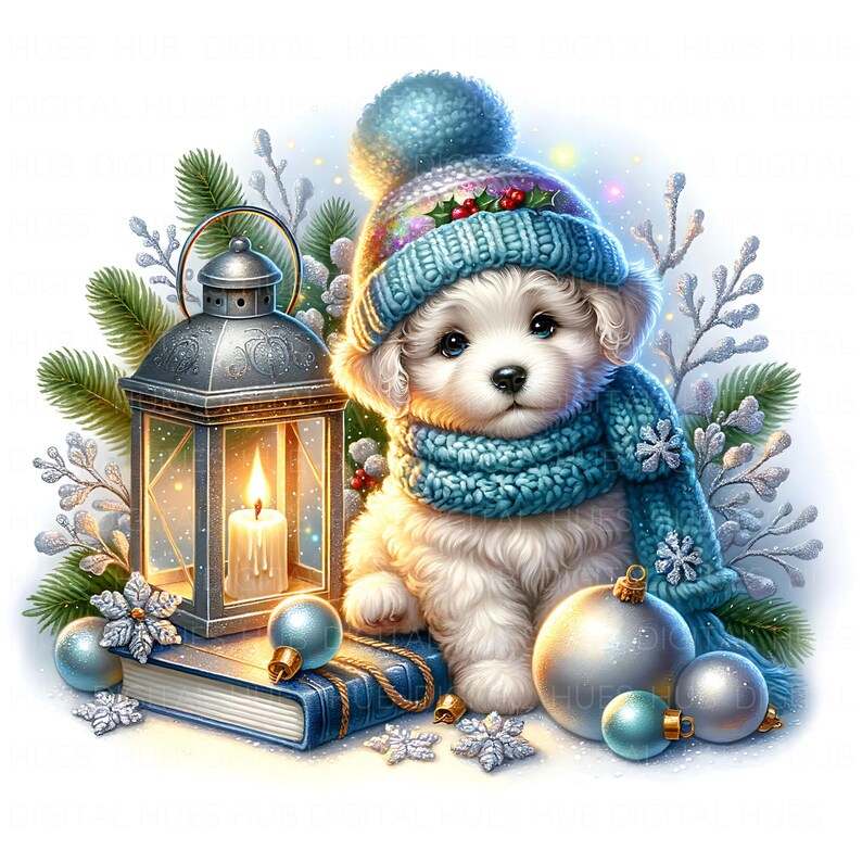 12 Blue Christmas Puppy Clipart: Watercolor Winter Animal Graphics JPEG ...